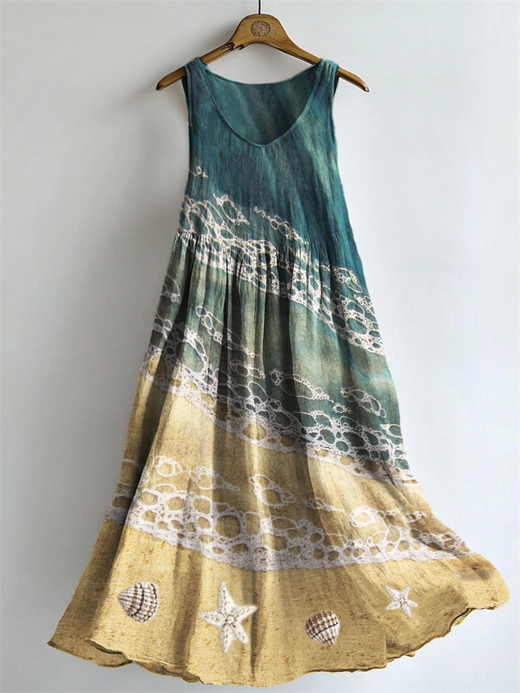 Starfish & Sea Shells Embroidered Sea Waves Flowy Linen Dress 37.99