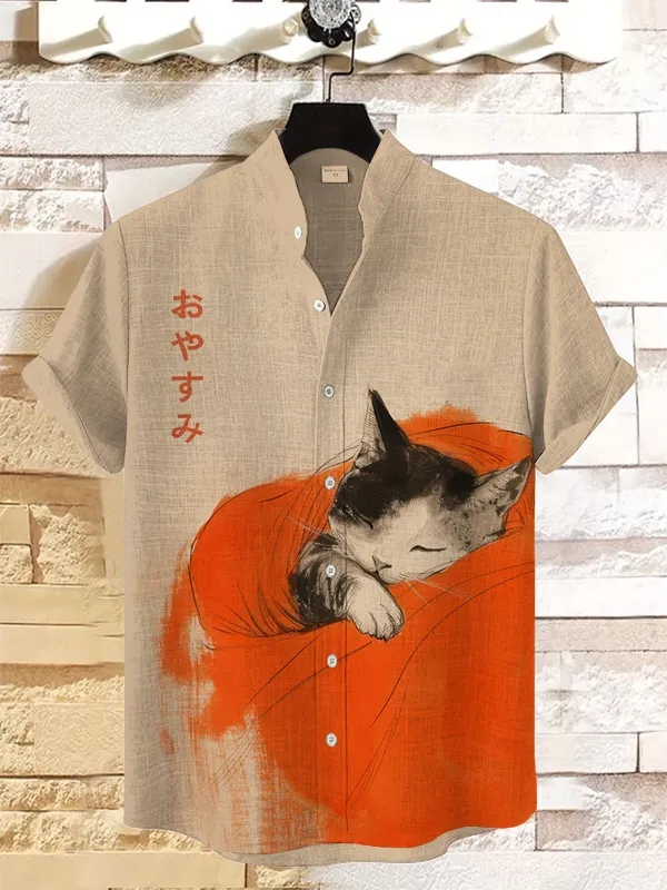 Men's Japanese Goodnight Cat Art Print Linen Blend Shirt