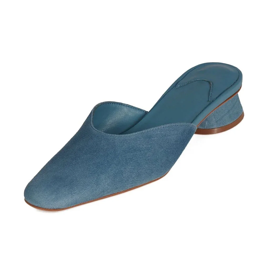 Blue Vegan Suede Low Block Heel Slip On Closed Toe Mules for Women