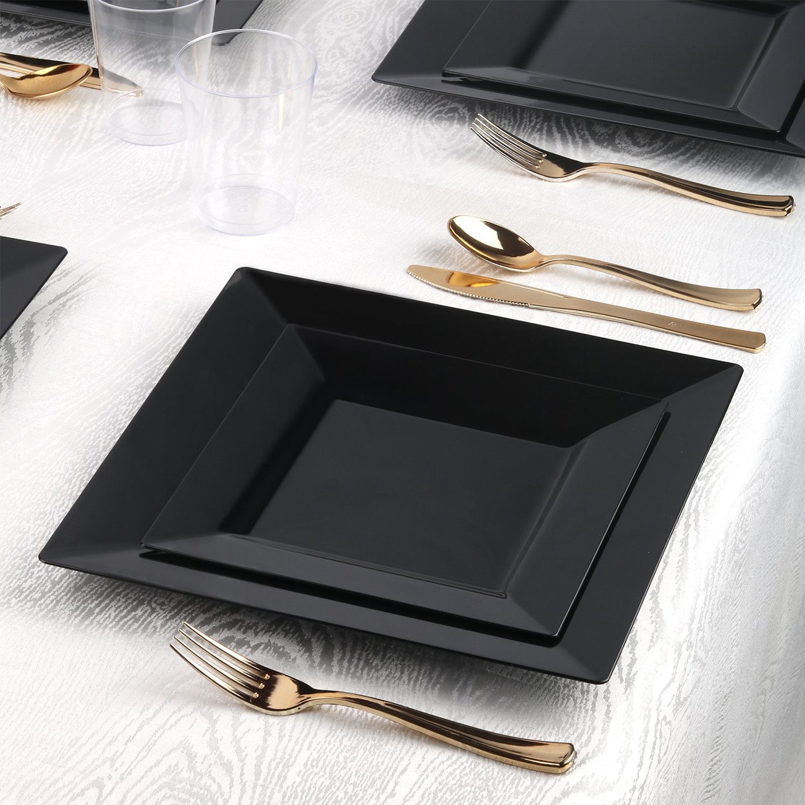 10 Pack | 10" Glossy Black Square Plastic Dinner Plates With Wide Rim