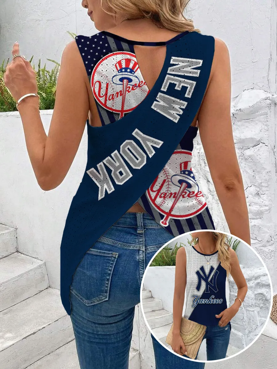 Yankees Cut Out Wrap Cross Wrap Back Asymmetrical Hem Tank Top