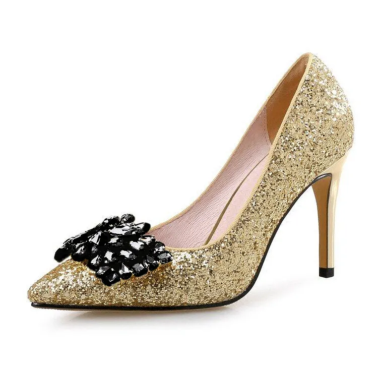 Gold Glitter Pointy Toe Evening Pumps Vdcoo