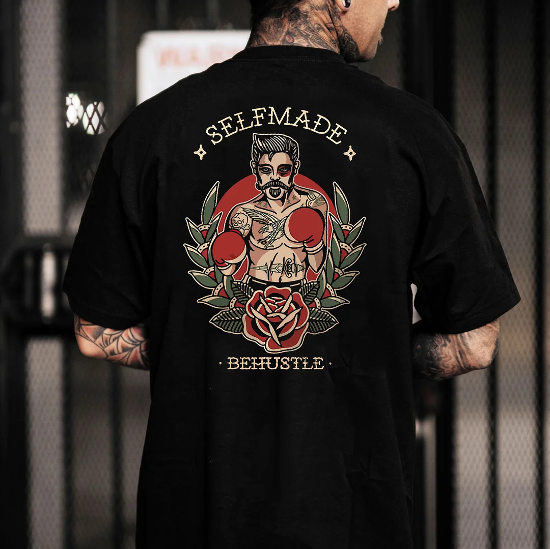 SELFMADE BEHUSTLE Boxing Man with Flowers Black Print T-shirt