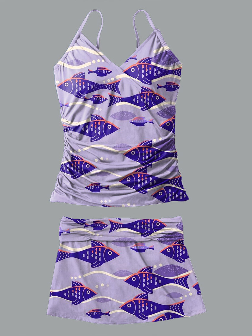 V-Neck Purple Wavy Fish Art Print Suspender Skirt Tankini Pantskirt Set ...