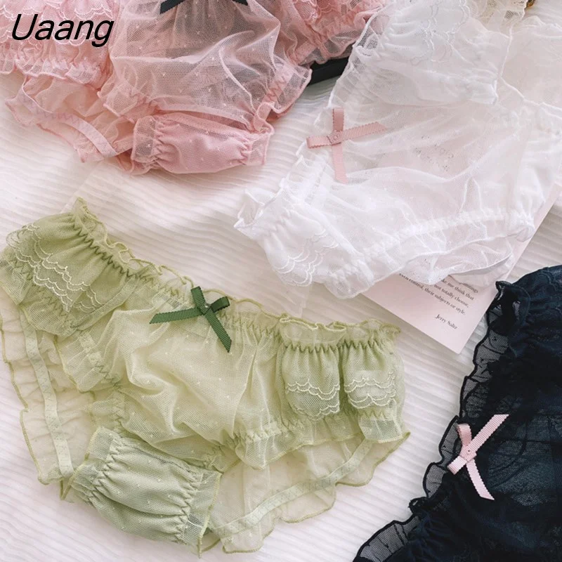 Uaang Sexy Cute Panties Hollow Lace Women's Underpants Bow Ruffles ...