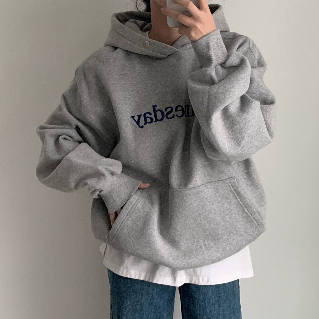 Woherb Vintage Embroidery Letter Solid Color Hoodie