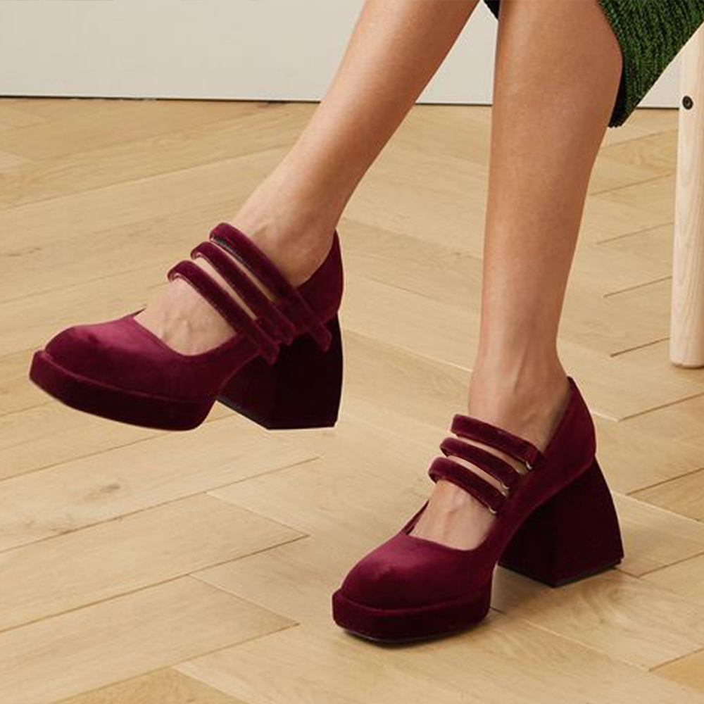 Maroon Velvet Closed Square Toe Platform Loafers With Chunky Heels