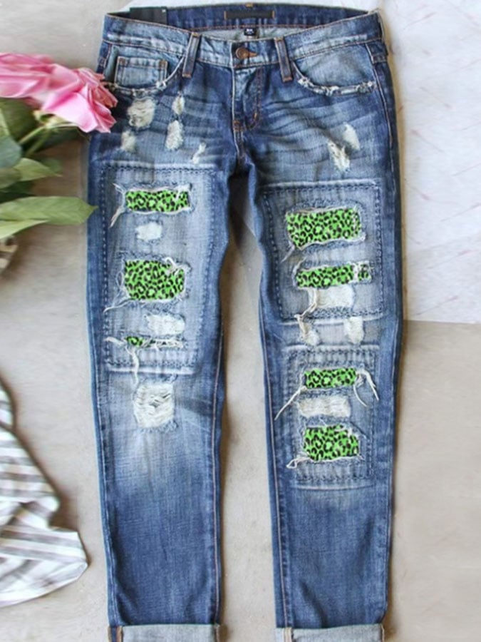 Women's Green Leopard Print Ripped Panel Jeans