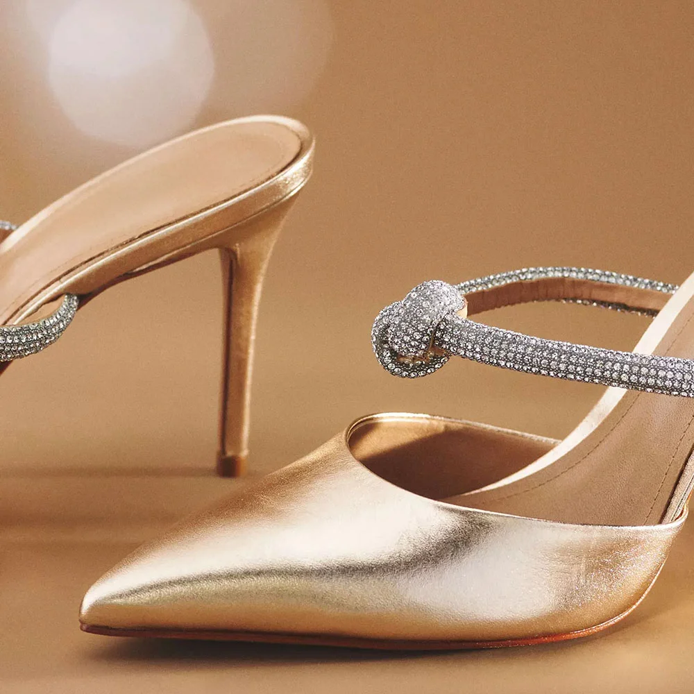 Gold Vegan Leather Metallic Finish Pointed Rhinestone Backless Pumps