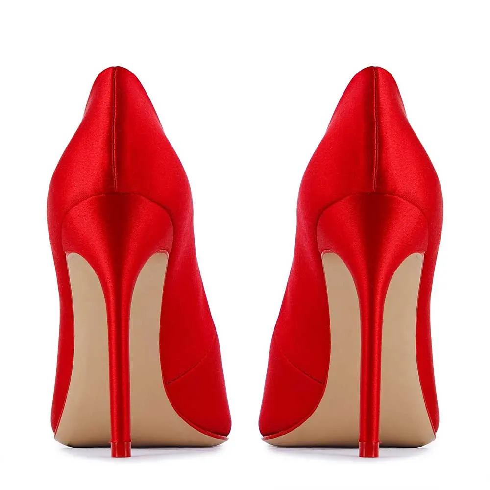 Red Satin Sophisticated Pointed Toe Rose Pumps with Stiletto Heels