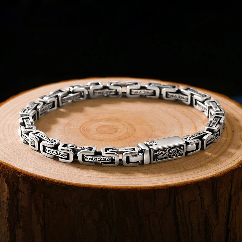 Sterling Silver Six Character Truth Dragon Square Byzantine Chain Bracelet