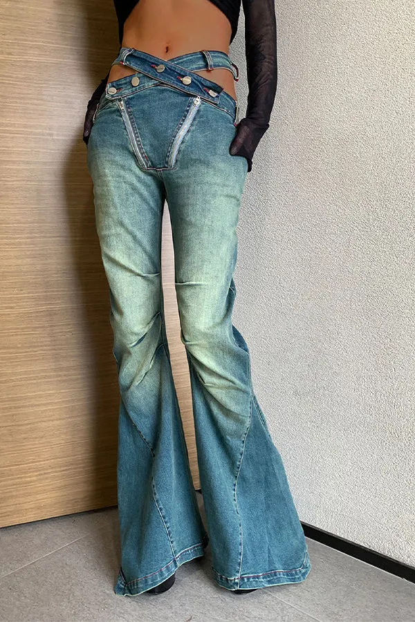 Statement Cross-Waist Cutout Button Pleated Flared Jeans