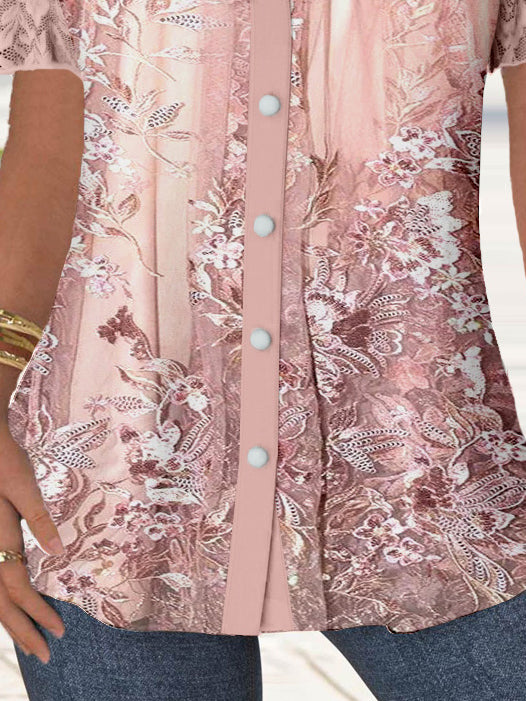 Women's Short Sleeve V-neck Floral Printed Lace Stitching Tops