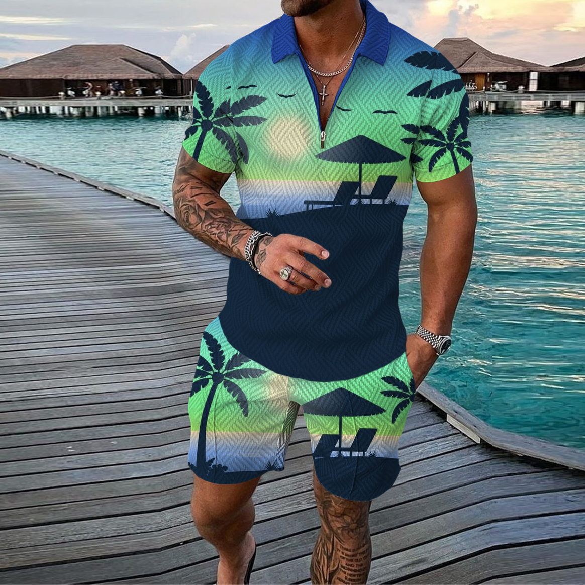 resort style set with coconut palm pattern polo shirt