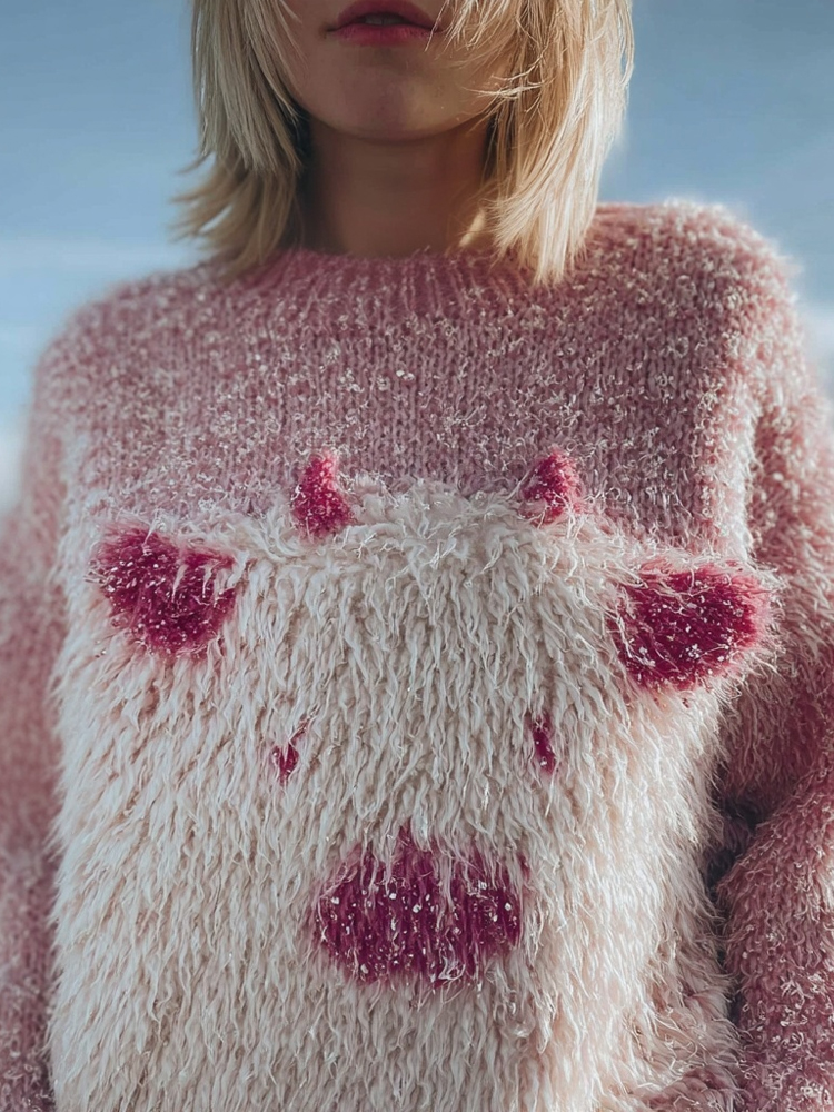 Cute Fuzzy Cow Embroidered Cozy Knit Sweater