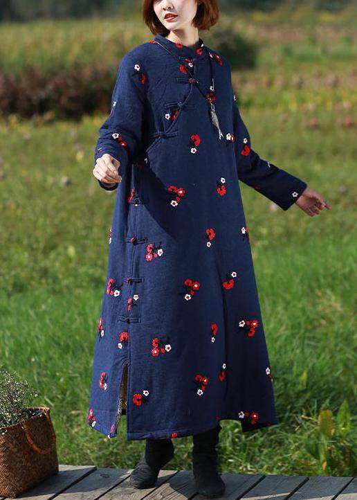 Handmade Navy Embroidery Tunics Stand Collar Robe Spring Dresses