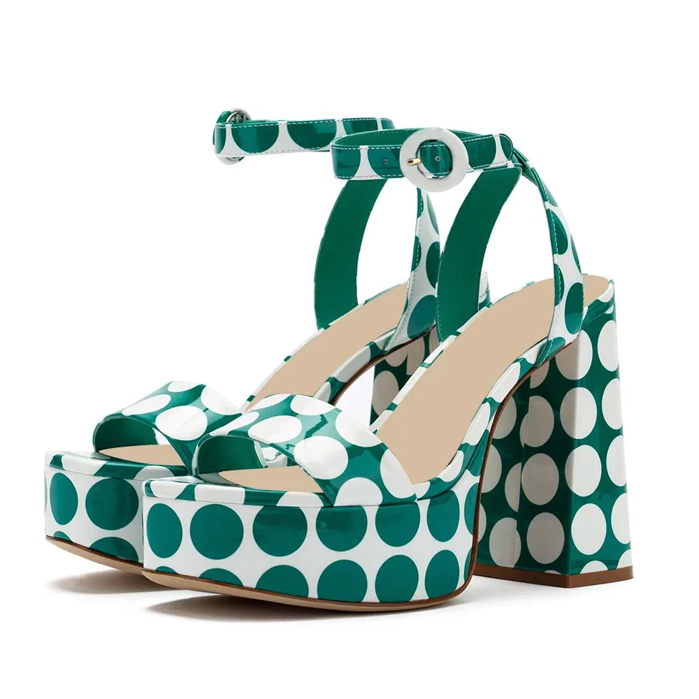 Green & White Polka Dot Peep Toe Chunky Heel Pumps with Platform