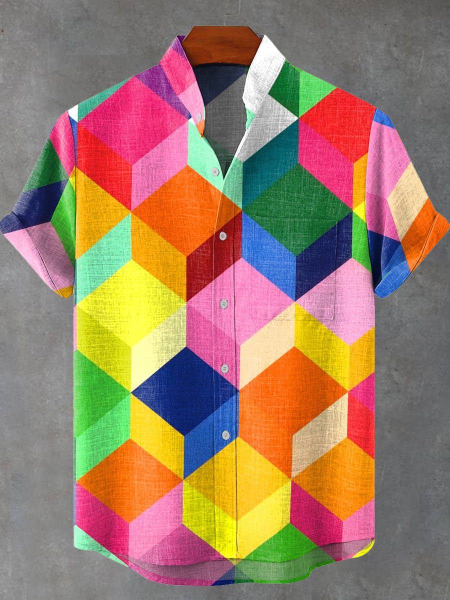 Retro Colored Squares Art Print Casual 100% Cotton Shirt