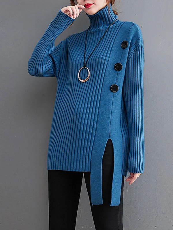 Urban Buttoned Split-Side Asymmetric Split-Joint High-Neck Sweater