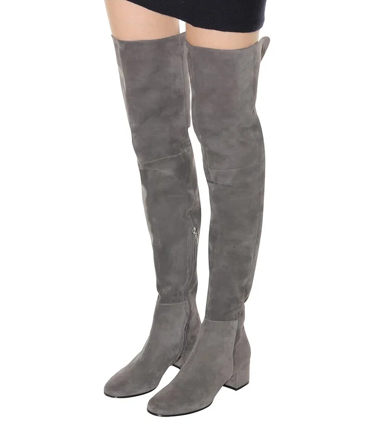 Grey Low Heel Suede Thigh High Boots Vdcoo
