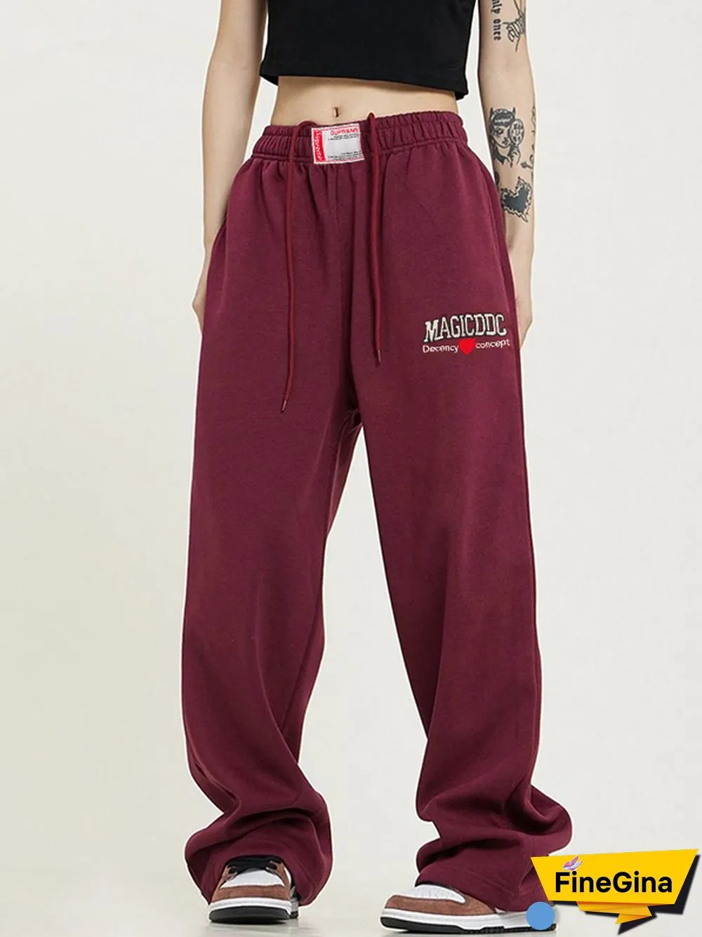 FineGina Hip Pop Embroidery Lace Up Sweatpants
