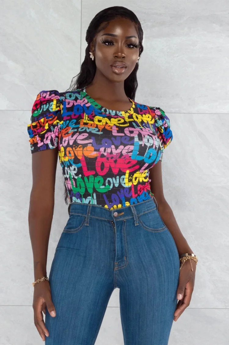 Summer Printed Sexy O-Neck Puffed Short Sleeves Bodysuit