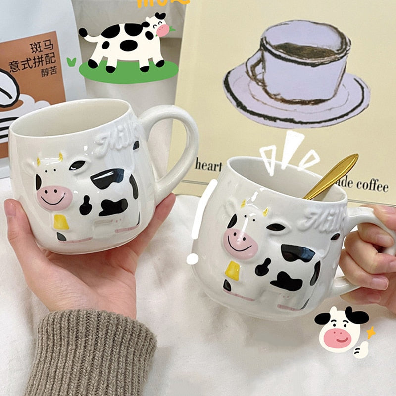 Kawaii Milk Cow Mugs Coffee Cups Cute Ceramic Cups With Spoon Home Milk ...