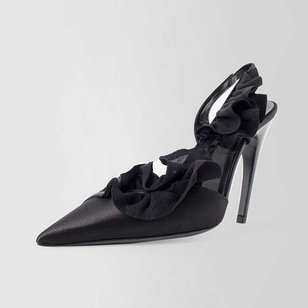 Black Satin Pointed Toe Ruffled Slingback Strappy Pumps With Stiletto Heels