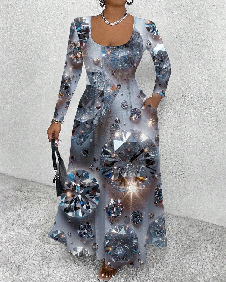 Three-dimensional Brick Printingk Long Sleeve Maxi Dress