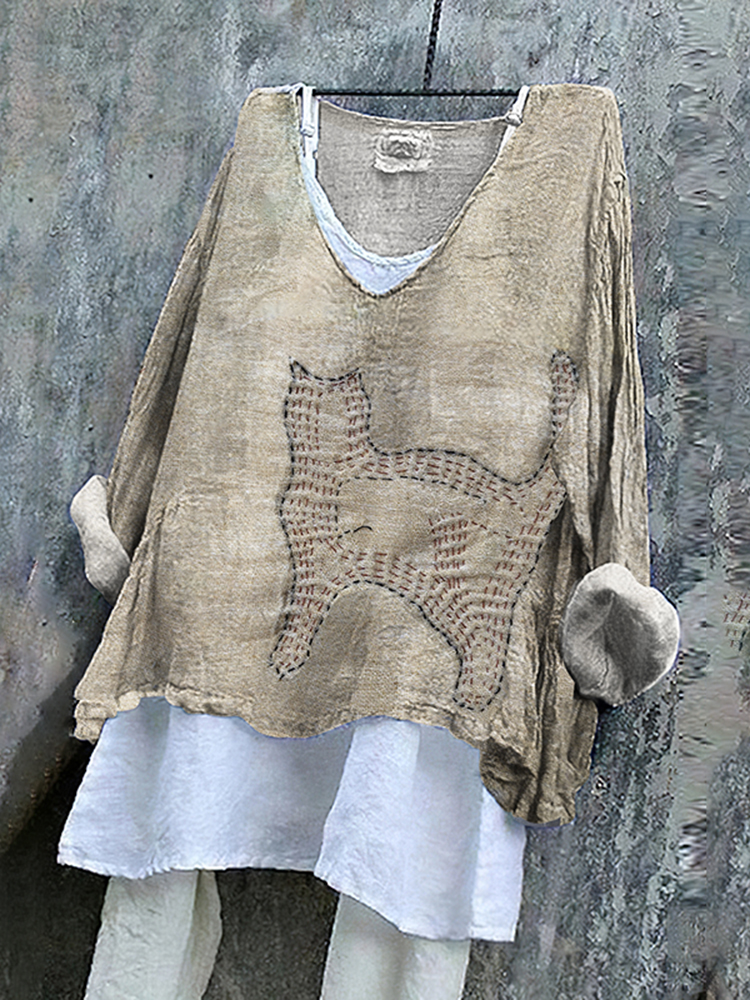Vintage Abstract Cat Sashiko Art Linen Blend Blouse