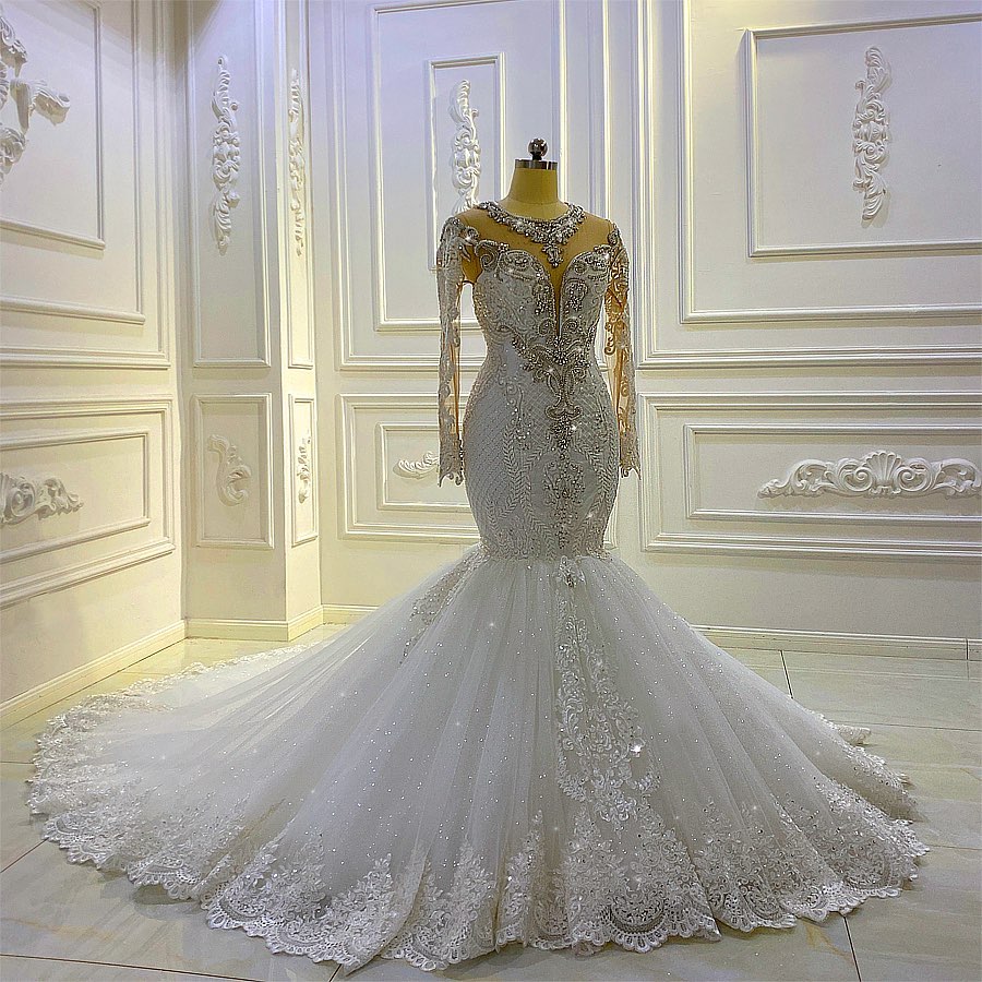 Daisda Vintage Bateau Long Sleeves Pearl Sequins Mermaid Wedding Dress
