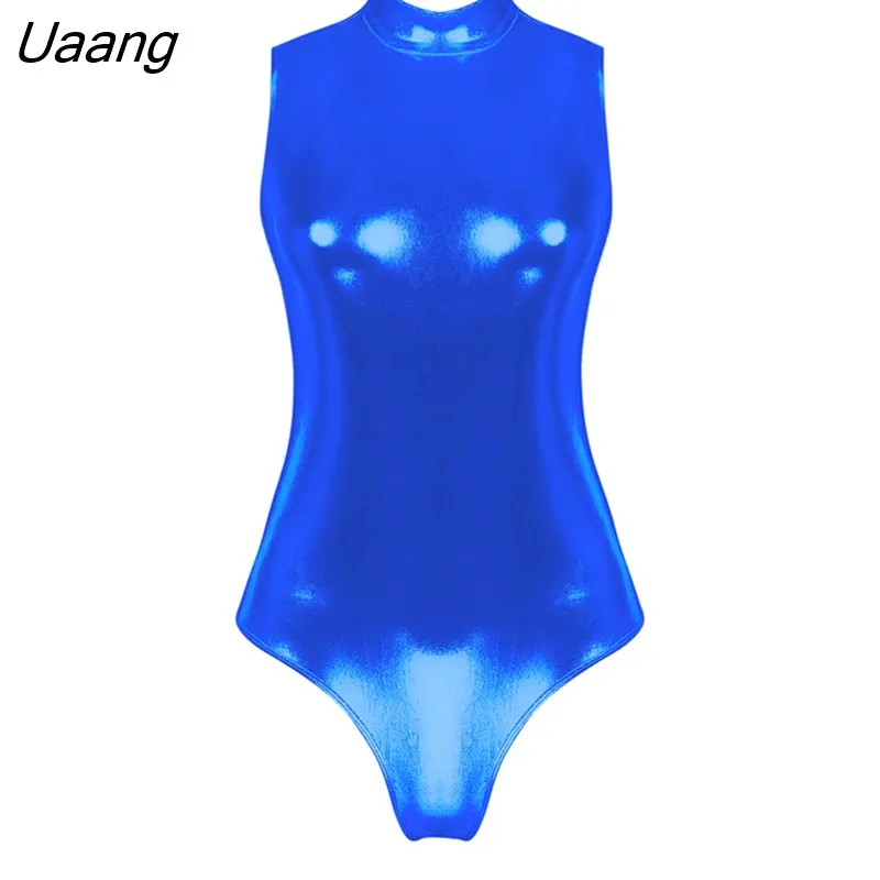 Uaang Womens Metallic Shiny Patent Leather Bodysuit Mock Neck Zipper ...