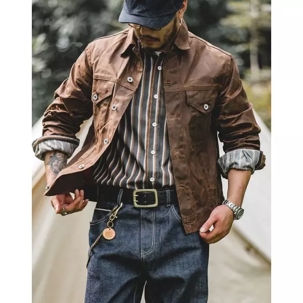 Men's Casual Coffee Color Cargo Jacket With Pockets And Belt