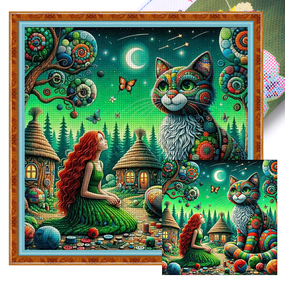 18CT Full Stamped Cross Stitch Kit - Girl&Cat (40*40CM) Decoration ...