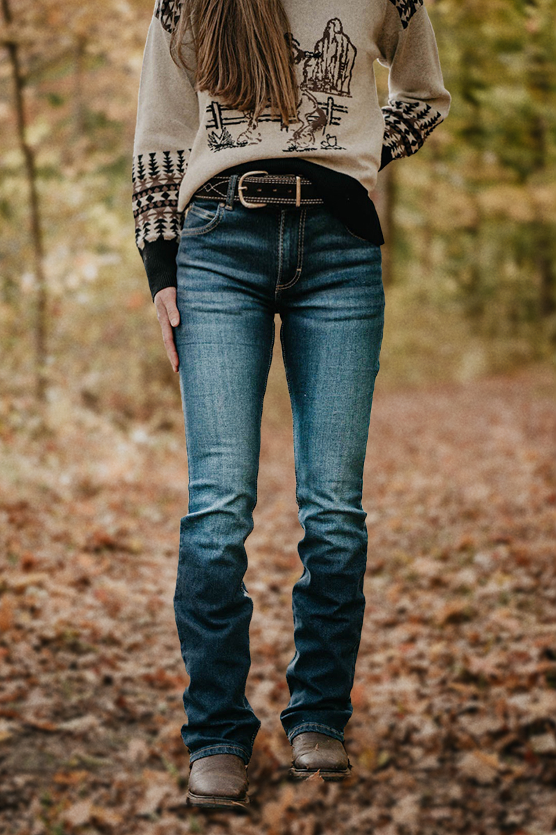 FineGina Embroidery High Rise Bootcut Jeans Without Belt