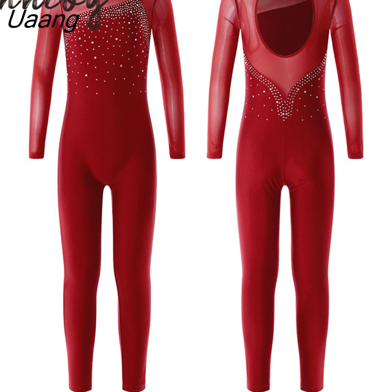 Uaang Long Sleeve Shiny Rhinestone Unitards Dancewear Girls Dance ...