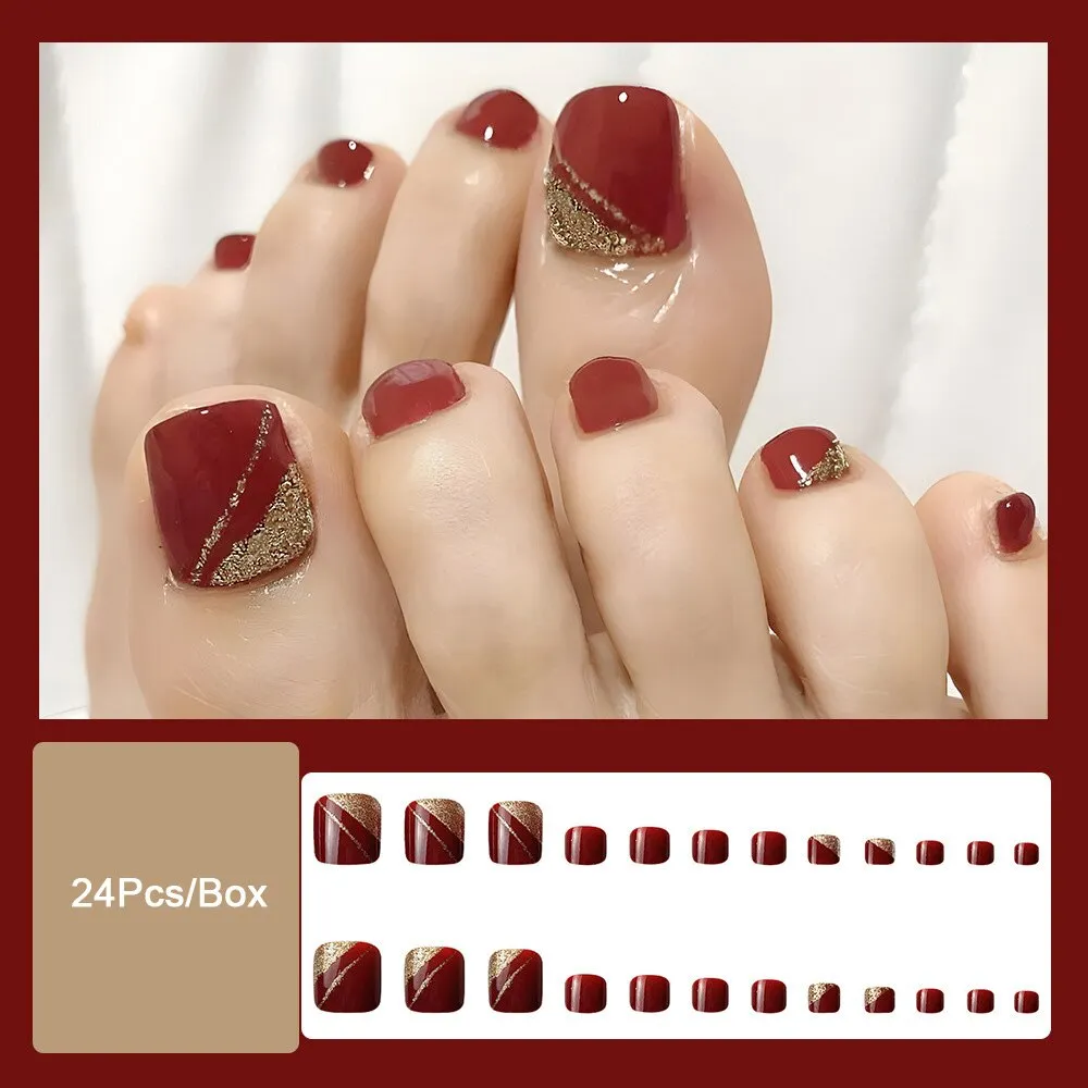 Churchf Wine Red False Toe Nails Set Press on Nails French Square Head ...