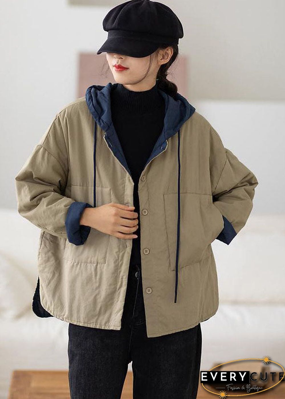 Italian Khaki Hooded Patchwork Fine Cotton Filled Witner Coat