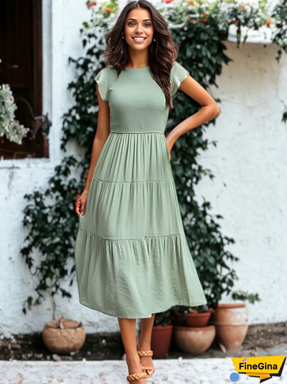 FineGina Shirred Ruffle Sleeve Midi Dress