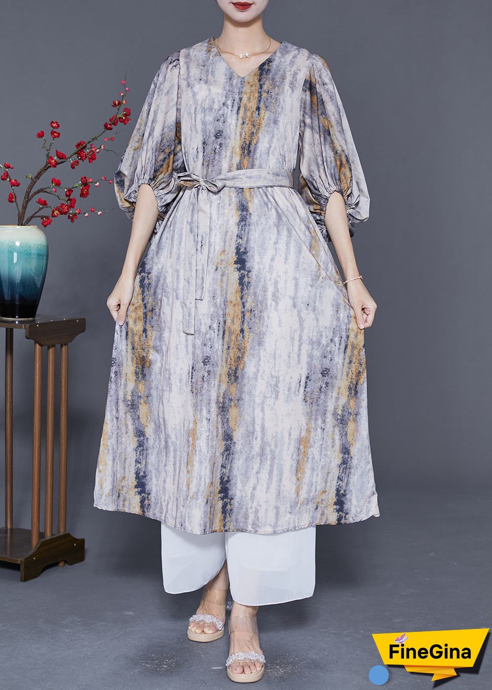 FineGina Plus Size Colorblock V Neck Tie Dye Silk Dress Lantern Sleeve