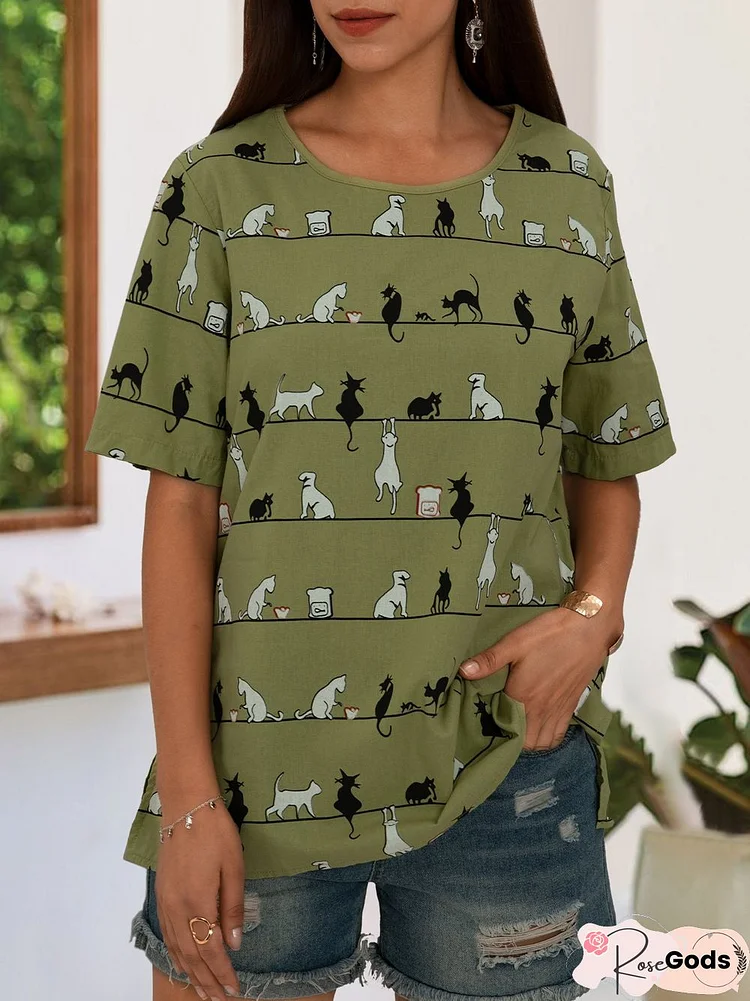Green Cartoon Cat Shift Casual Top