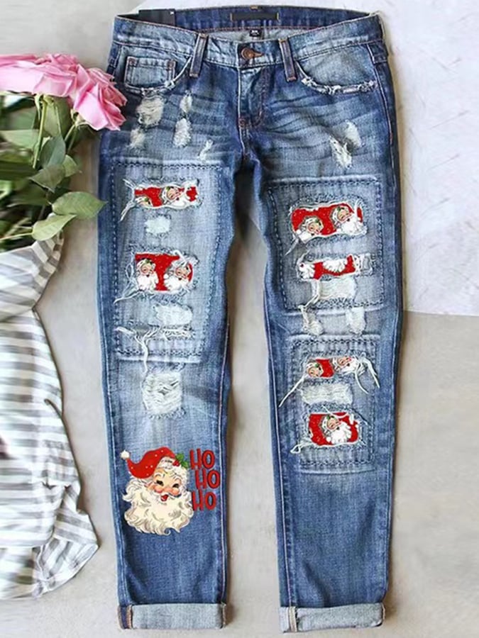 Women's Christmas Cotton Street Ripped Santa Claus Print Jeans