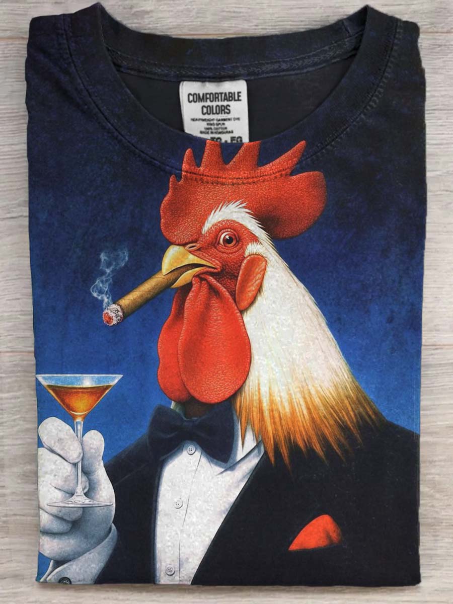 Fun Rooster Smoking & Drinking Printed Casual Short Sleeve T-Shirt