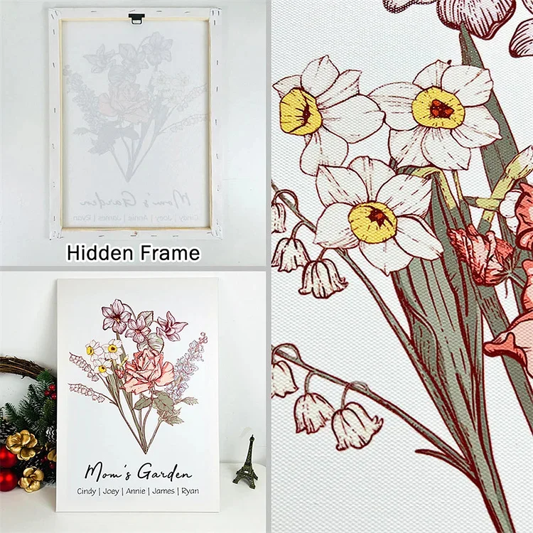 Classic Custom - Personalized Birth Flower Family Bouquet Names Frame