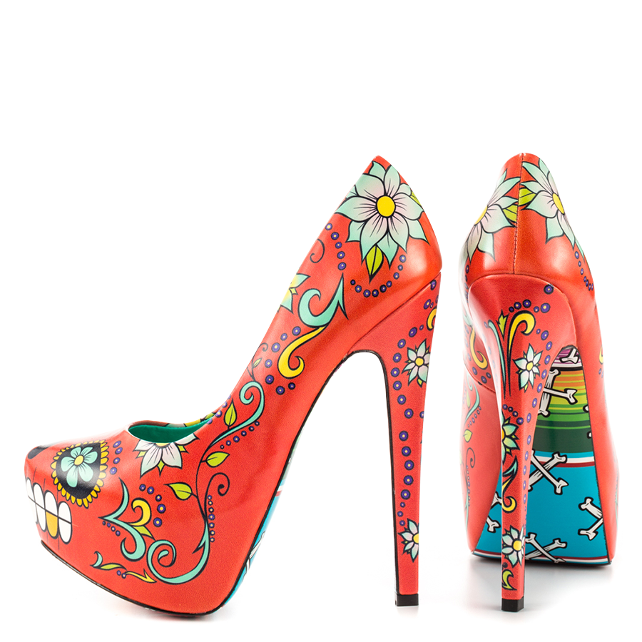 Funny Red Floral Platform Cone Heels Pumps with Almond Toe Vdcoo