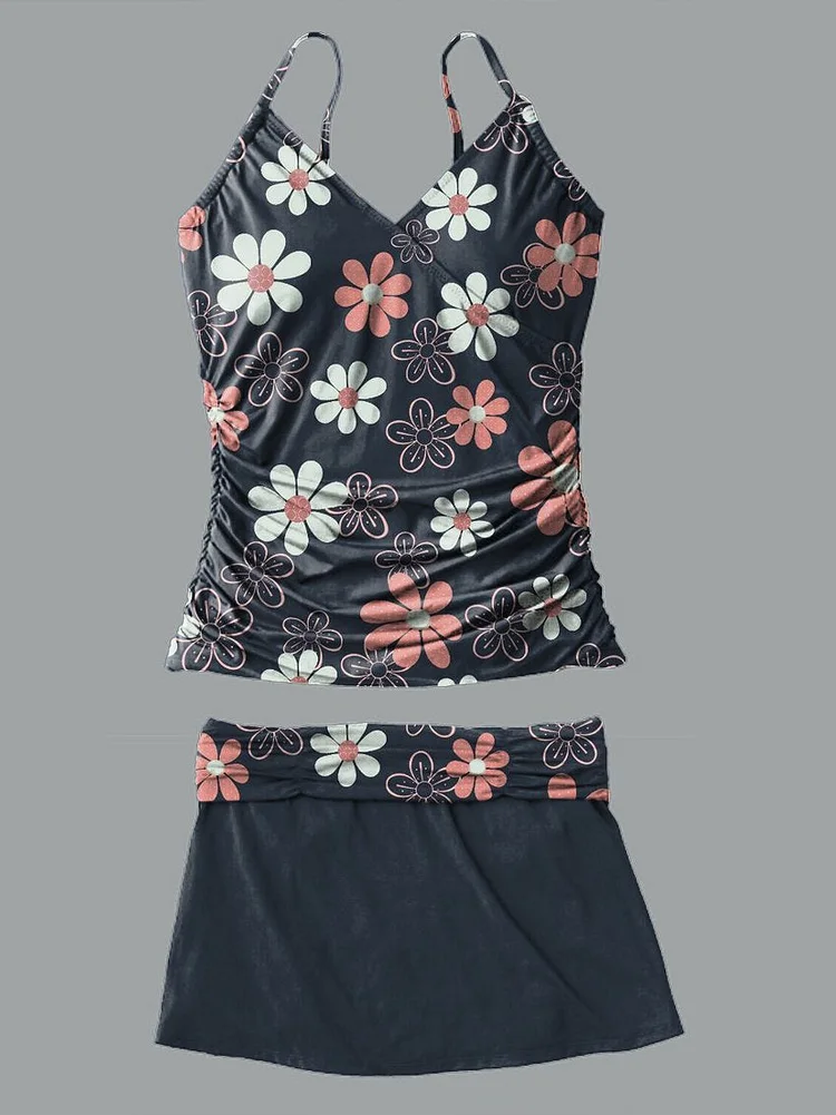 V-Neck Dark Blue Floral Retro Pattern Art Print Sling Pleated Tankini ...