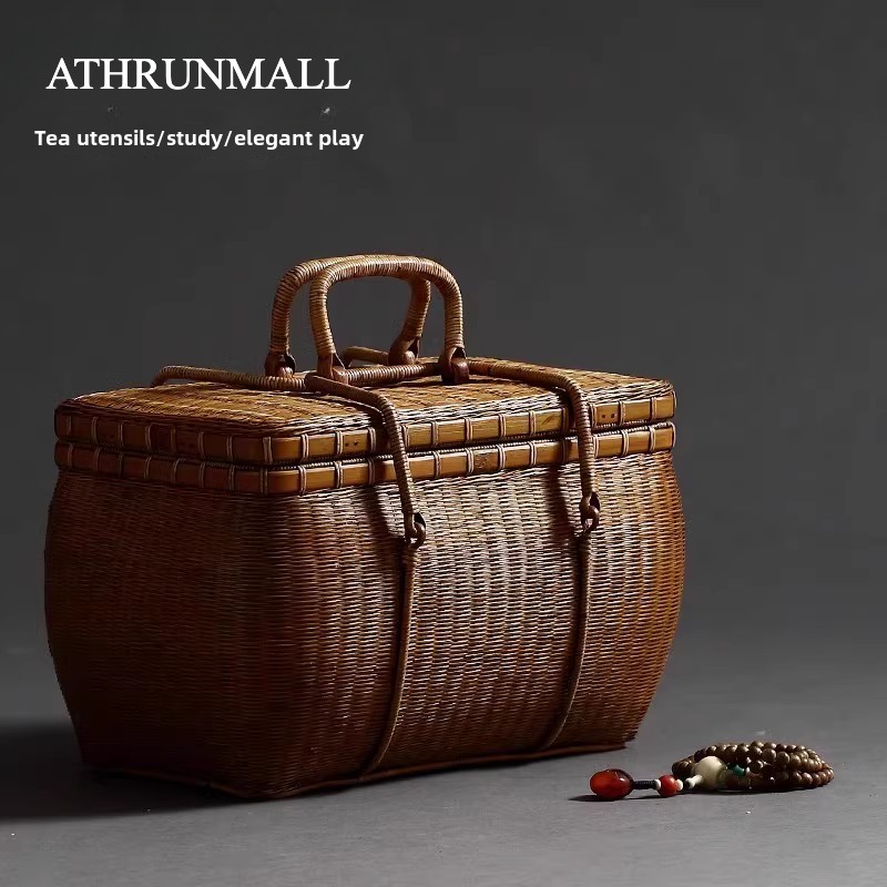 Portable travel tea set storage box bamboo woven rattan box