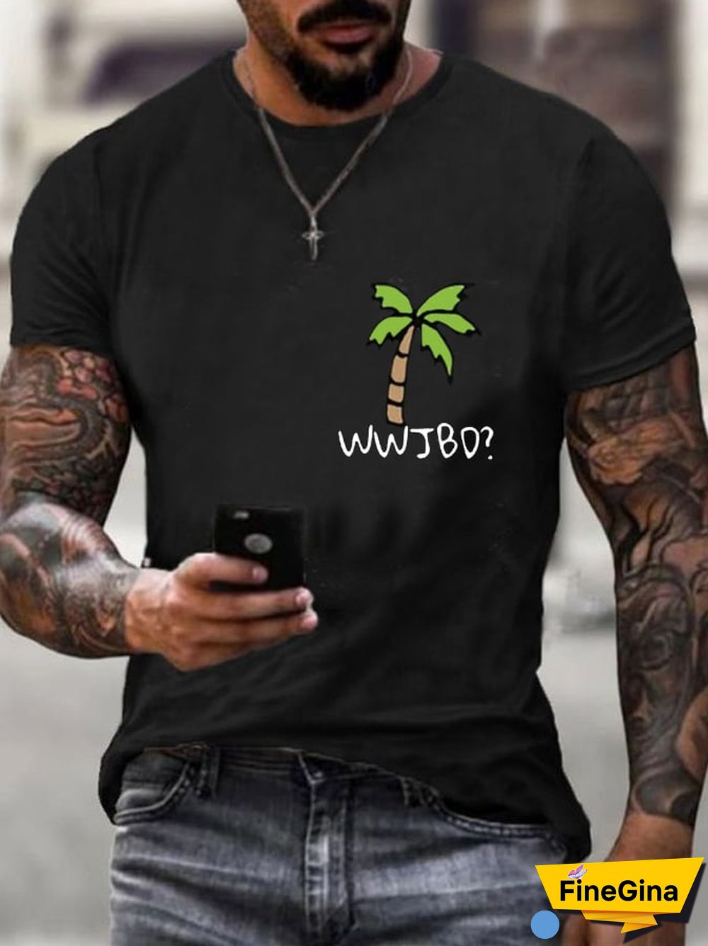 FineGina Men's WWJBD? Palm Tree R.I.P Jimmy Memorial Tee