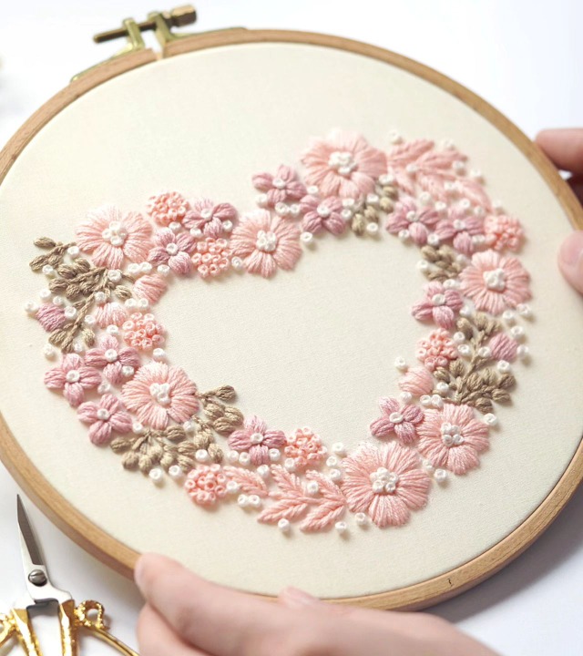 Soft Pink Floral Heart Embroidery Kit