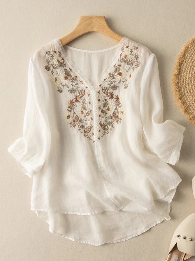 Women'S Embroidered V-Neck 3/4-Sleeve Relaxed Linen Top